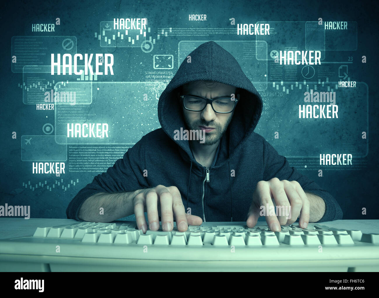 Hacker with keyboard and glasses Stock Photo - Alamy