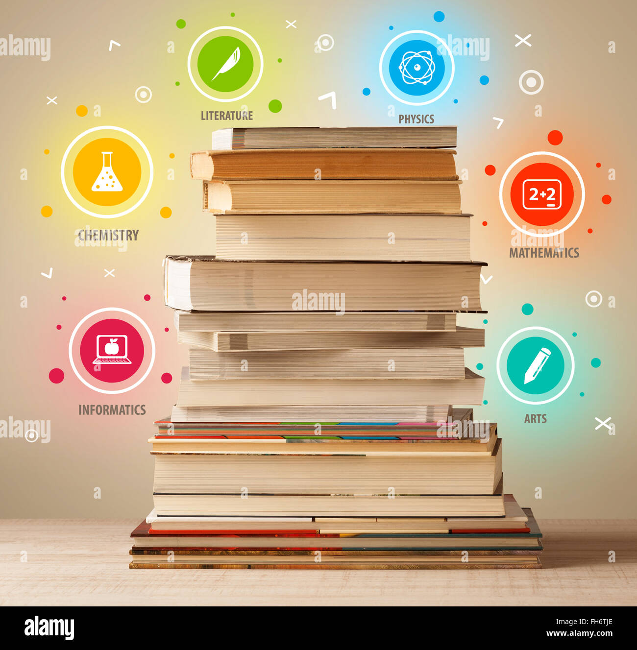 Books on top with colorful symbols on vintage background Stock Photo ...