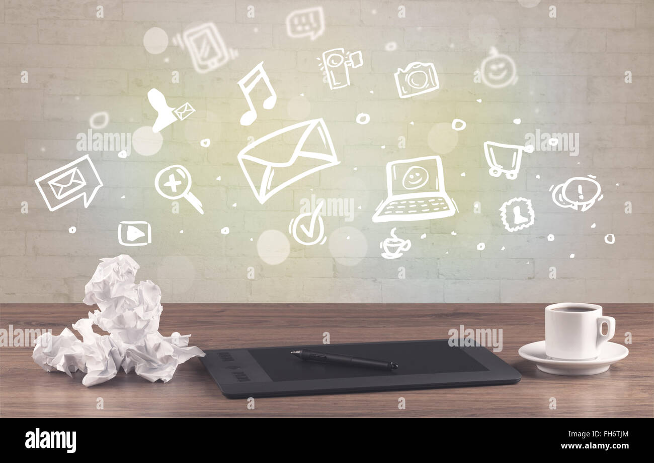 Office desk with communication icons Stock Photo - Alamy