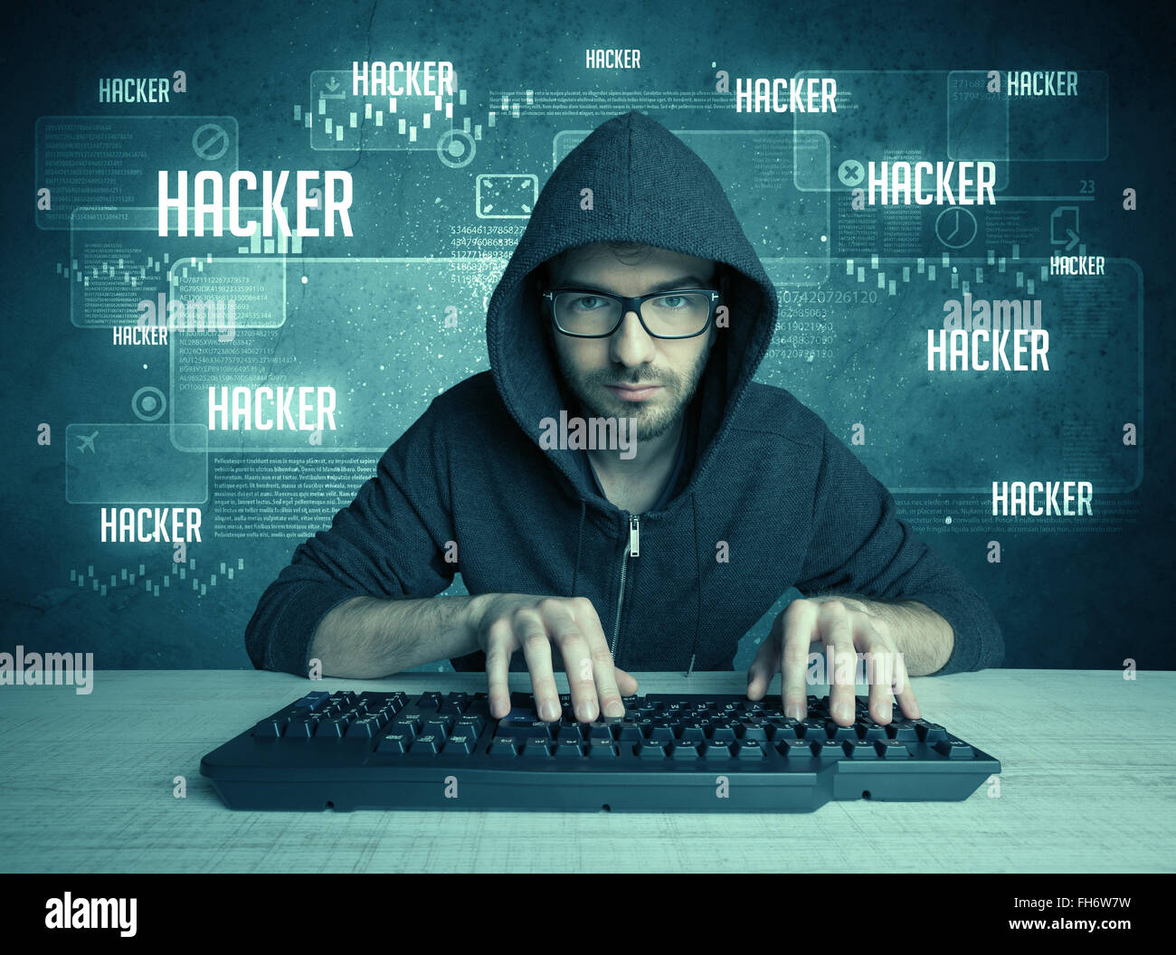 Hacker with keyboard and glasses Stock Photo - Alamy