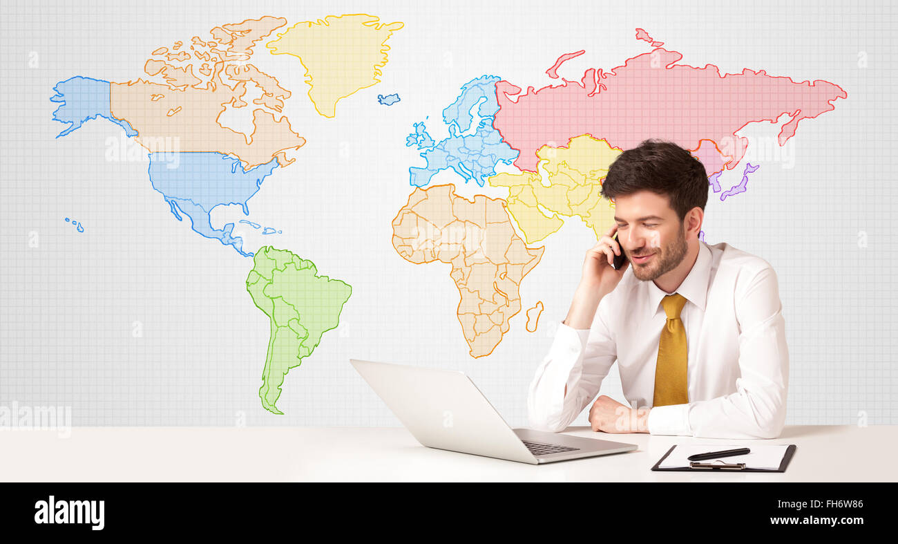 Business man with colorful world map background Stock Photo - Alamy