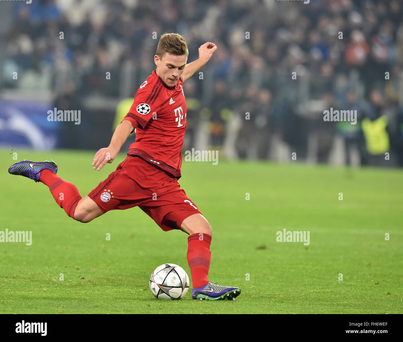 Munich's Joshua Kimmich kicks the ball during the UEFA Champions League ...