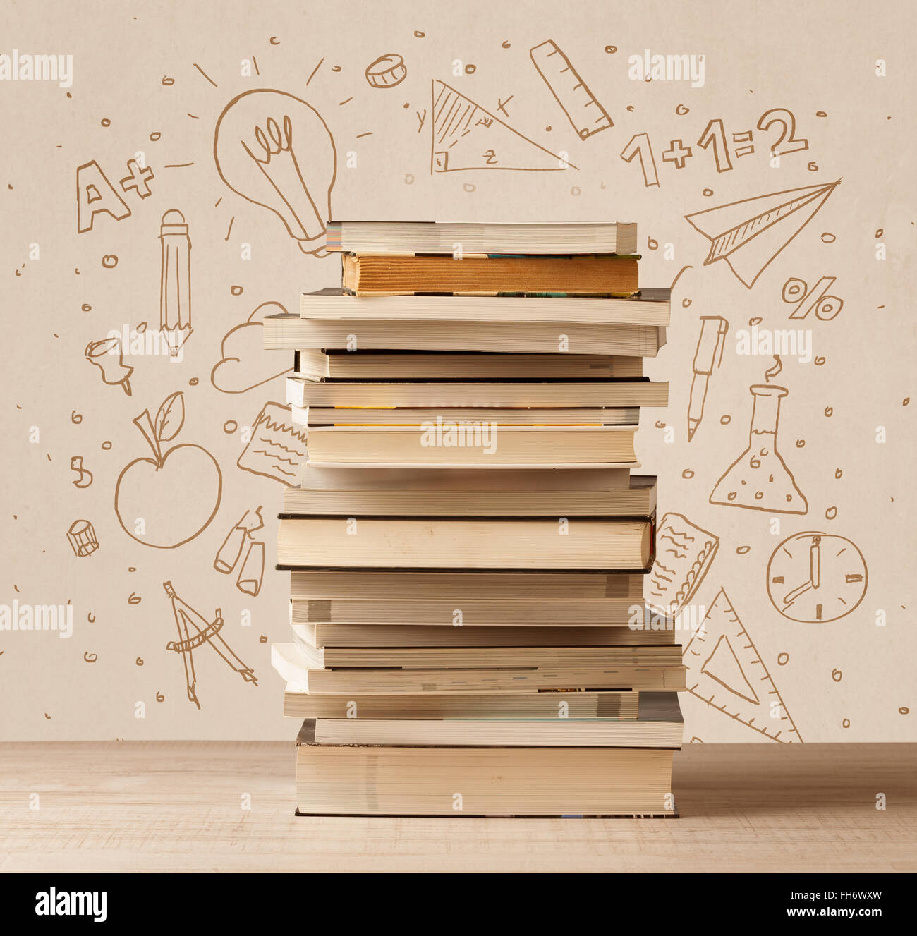 A pile of books on table with school hand drawn doodle sketches Stock ...