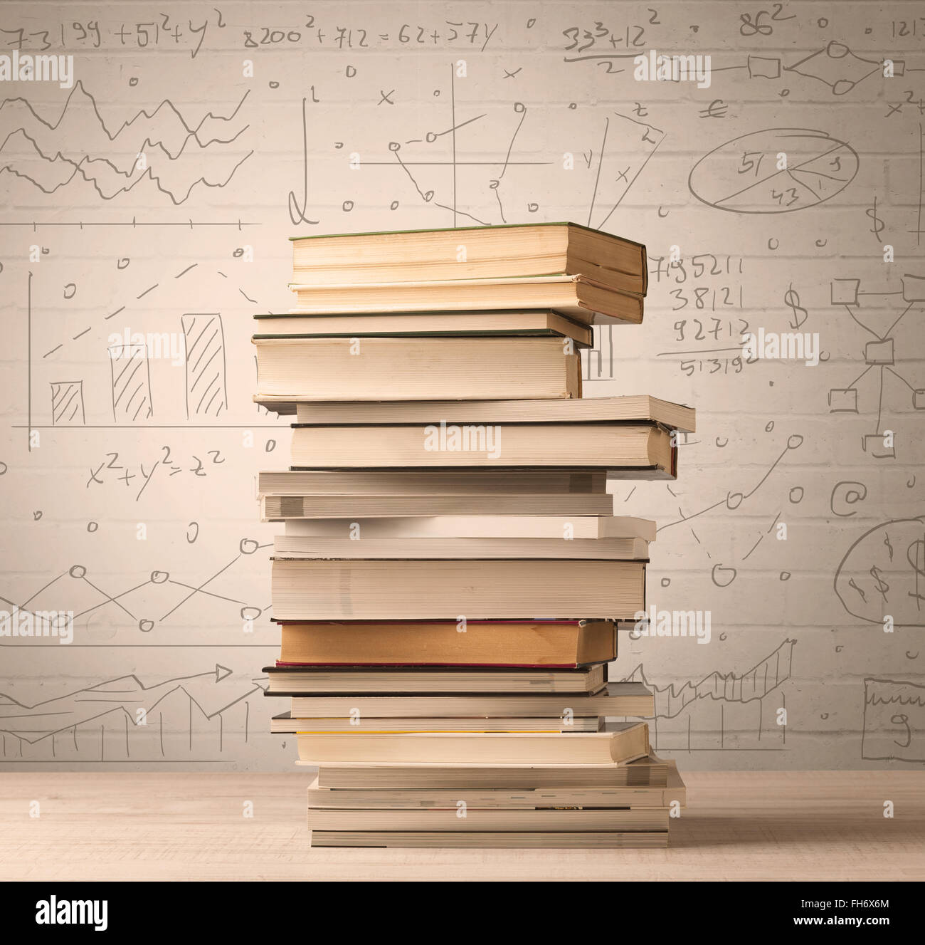 A pile of books with math formulas written in doodle style Stock Photo ...