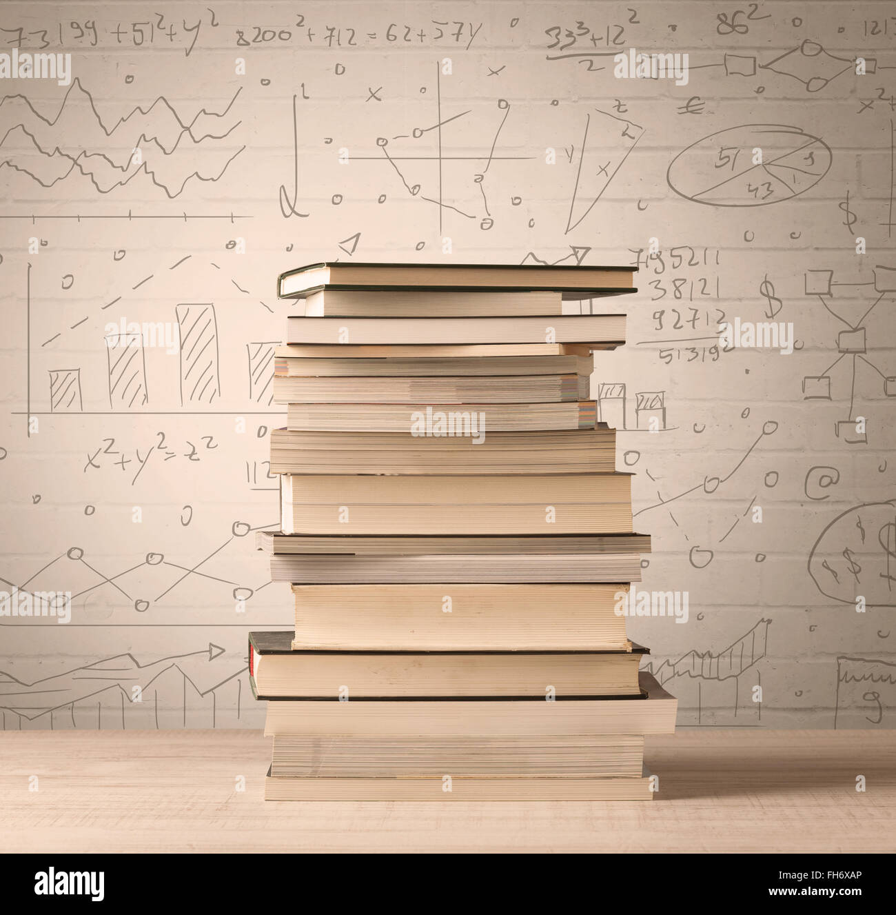 A pile of books with math formulas written in doodle style Stock Photo ...