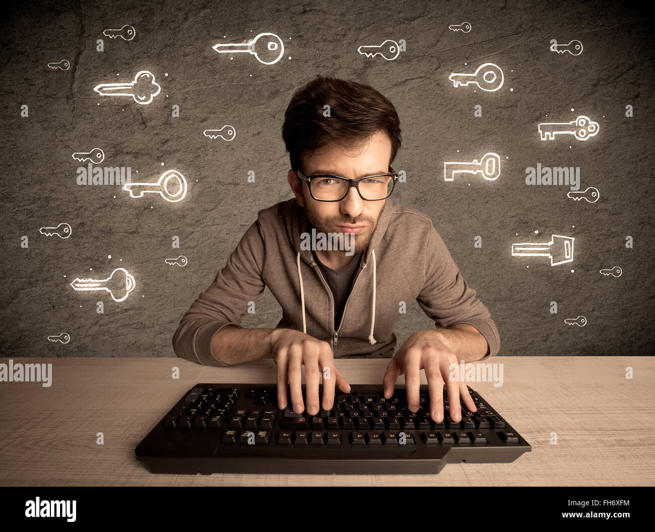 Hacker nerd guy with drawn password keys Stock Photo - Alamy