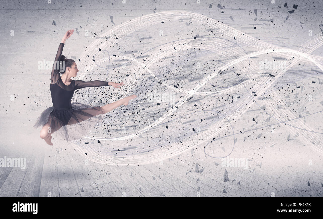 Performance ballet dancer jumping with energy explosion particles Stock ...