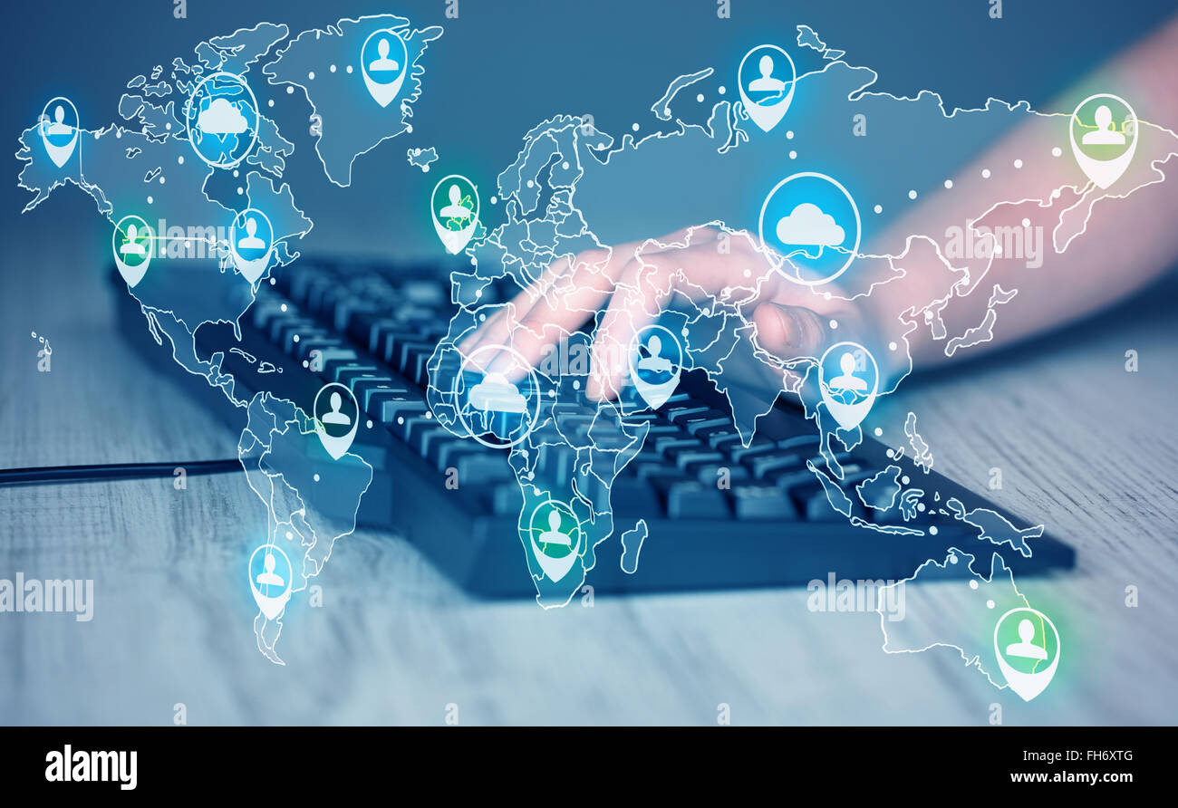 Keyboard with high tech user map icons Stock Photo - Alamy