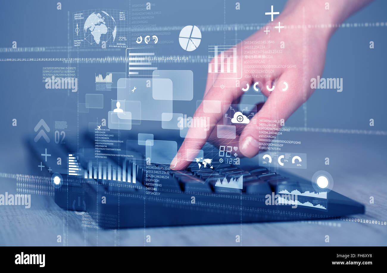 Keyboard buttons pressed by hand with high tech icons Stock Photo - Alamy