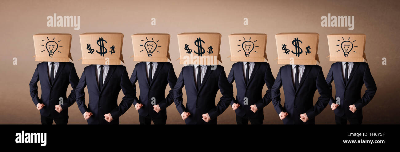 Handsome men in suit gesturing with drawn dollar signs on box Stock ...