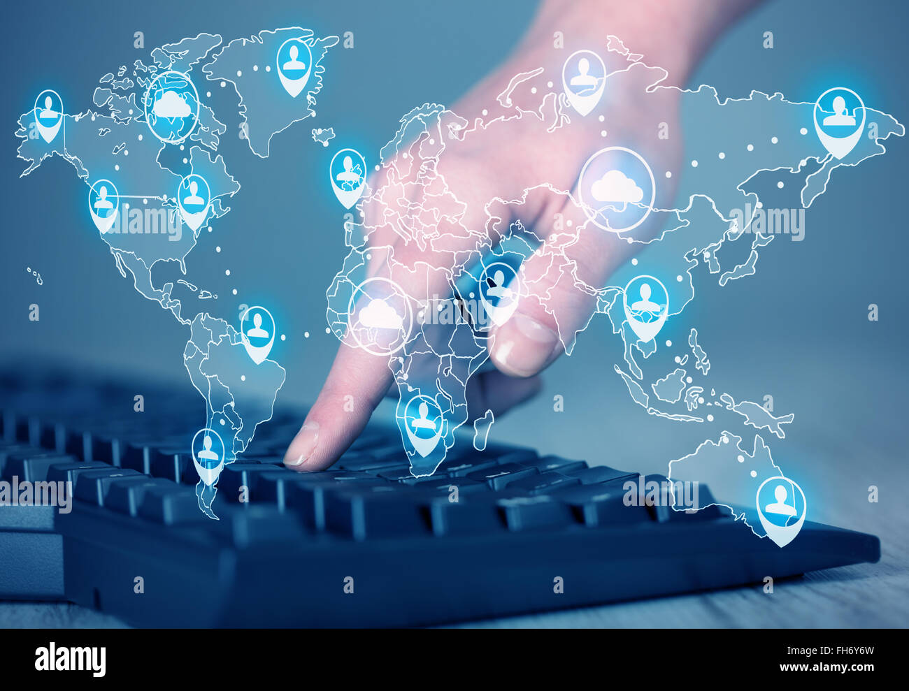 Keyboard with high tech user map icons Stock Photo - Alamy