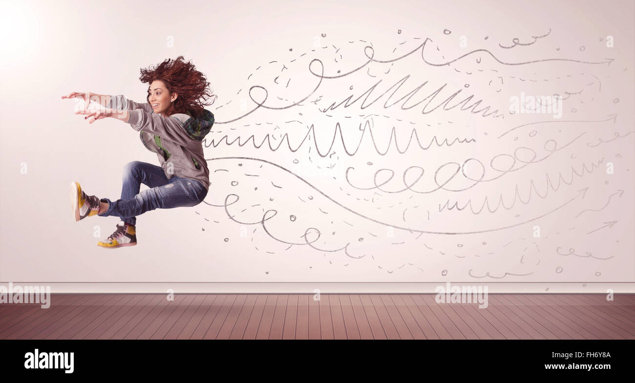 Pretty woman jumping with hand drawn lines and arrows come out Stock ...