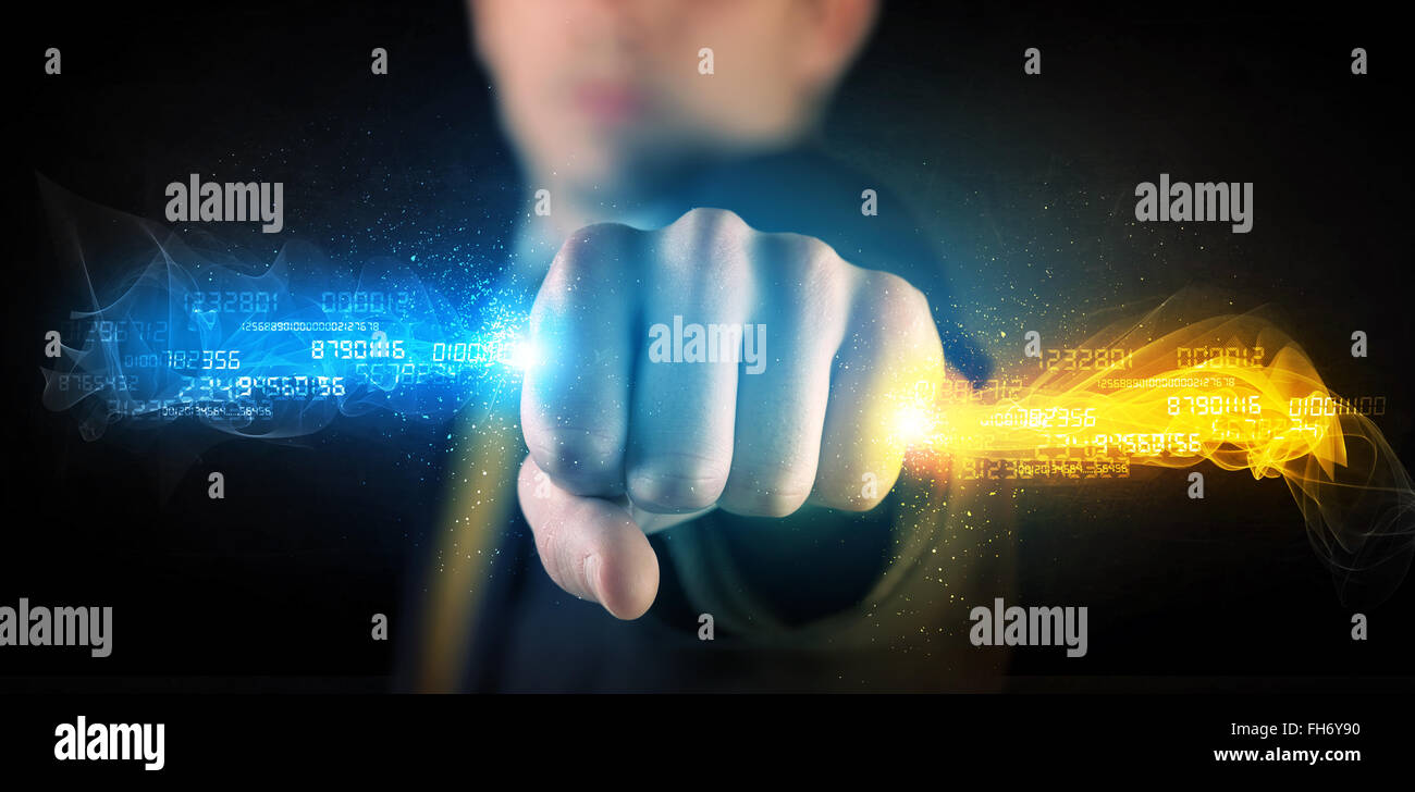 Man holding colorful glowing data in his hands Stock Photo - Alamy