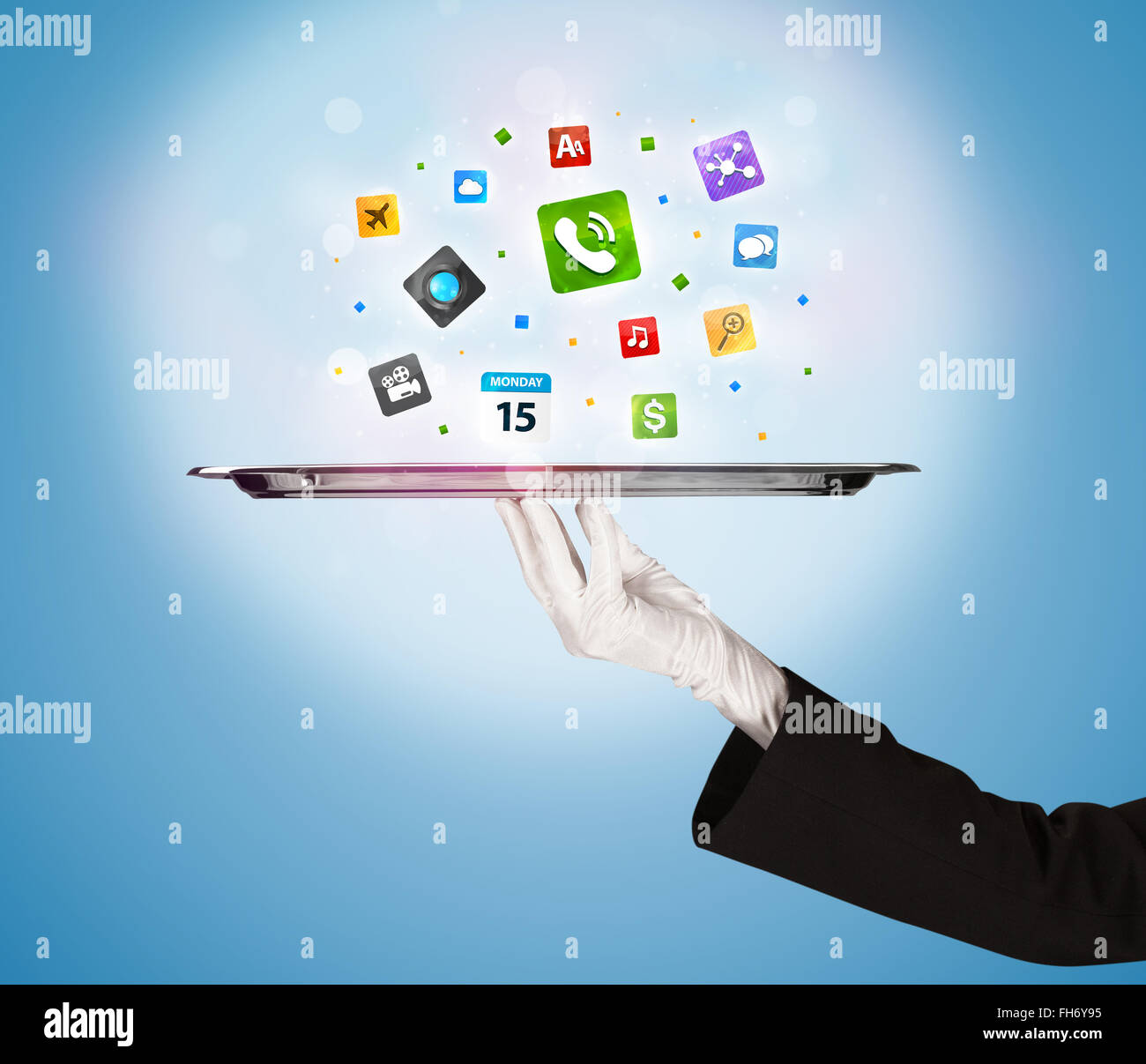 Waiter hand holding tray with icons Stock Photo - Alamy