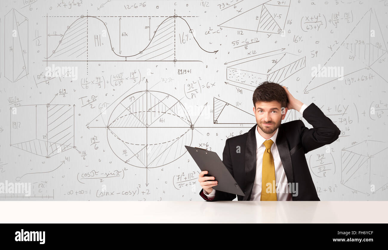 Businessman with business calculations background Stock Photo - Alamy