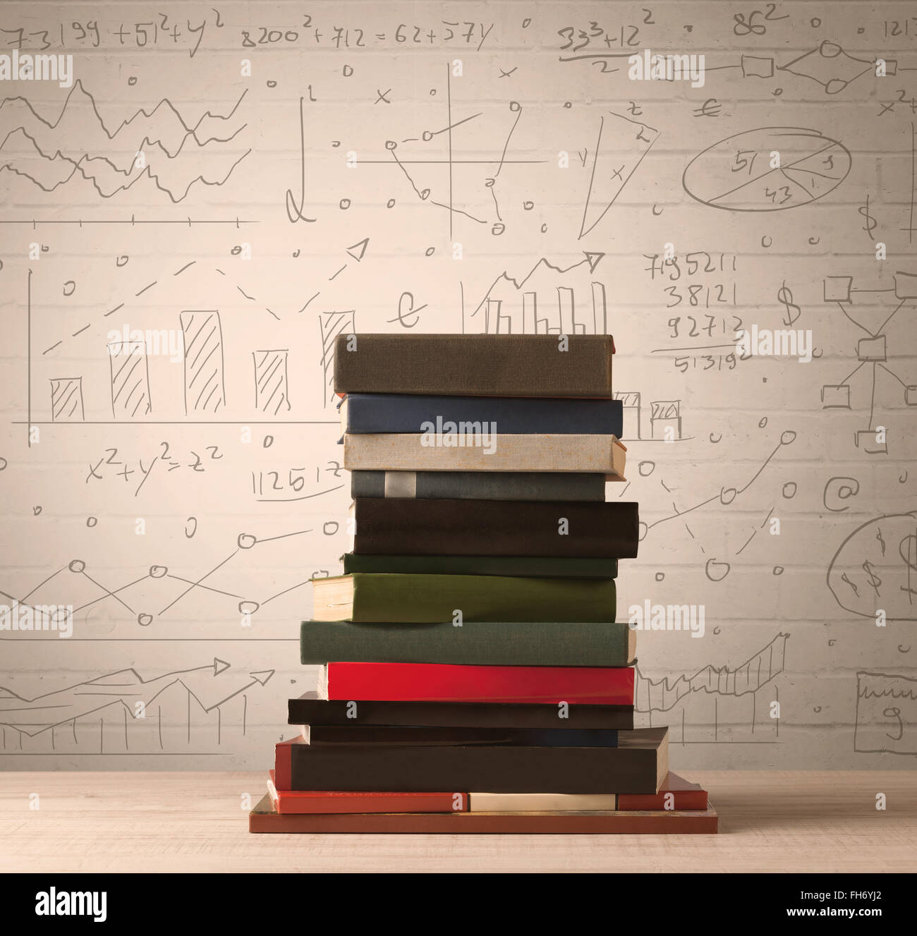 A pile of books with math formulas written in doodle style Stock Photo ...