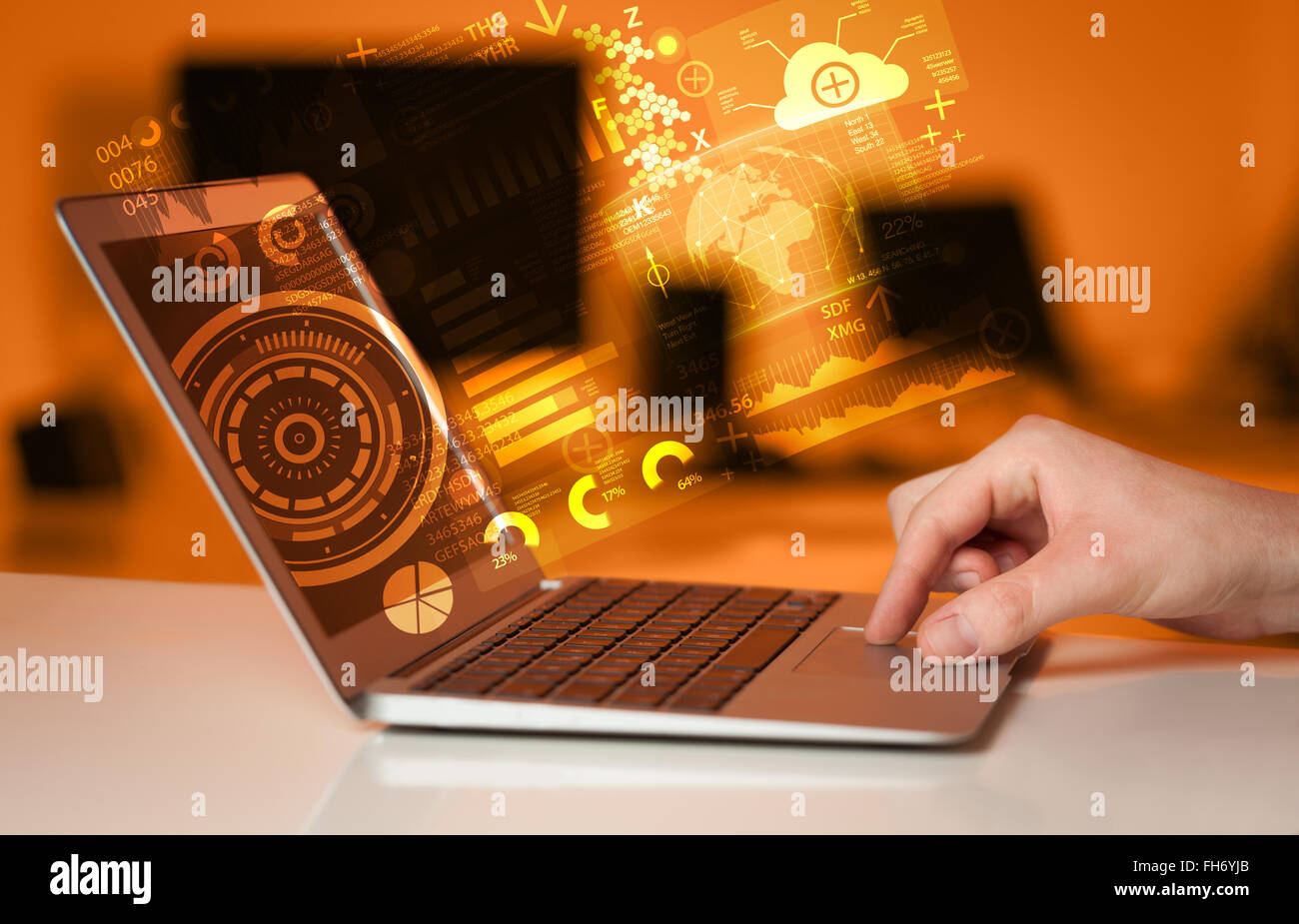 Modern notebook computer with future technology symbols Stock Photo - Alamy