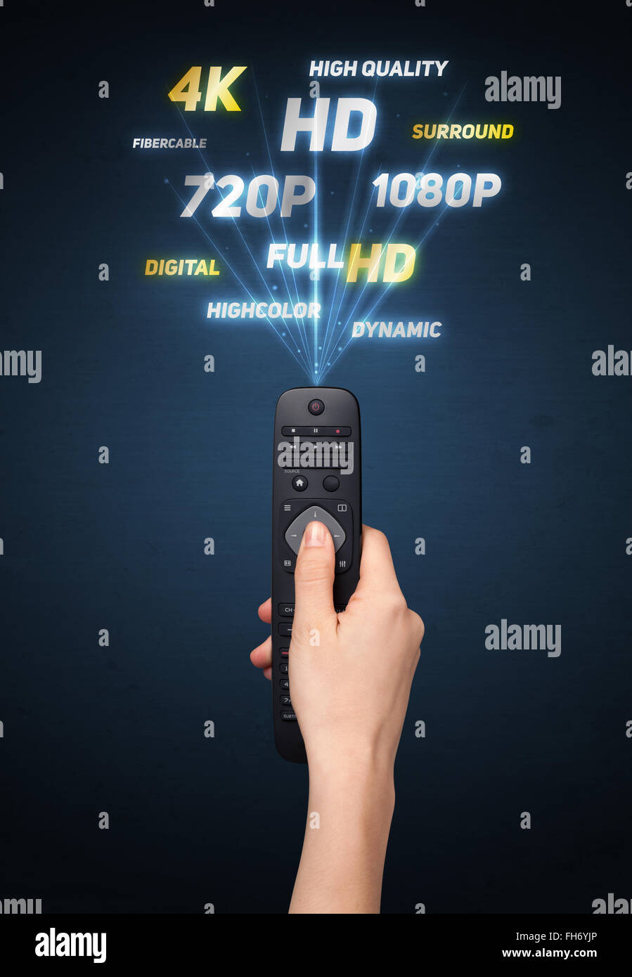 Hand with remote control and multimedia properties Stock Photo - Alamy