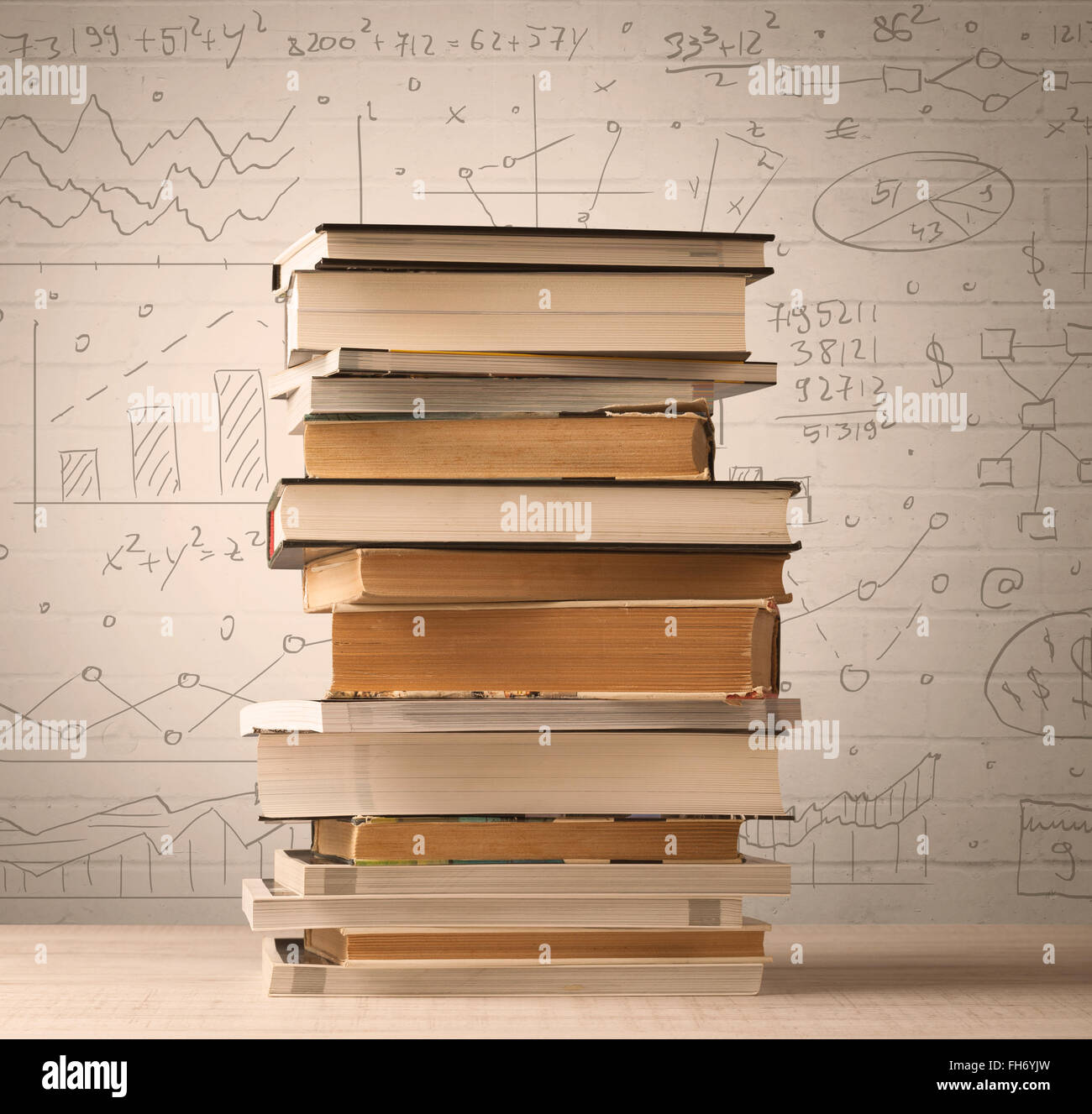 A pile of books with math formulas written in doodle style Stock Photo ...