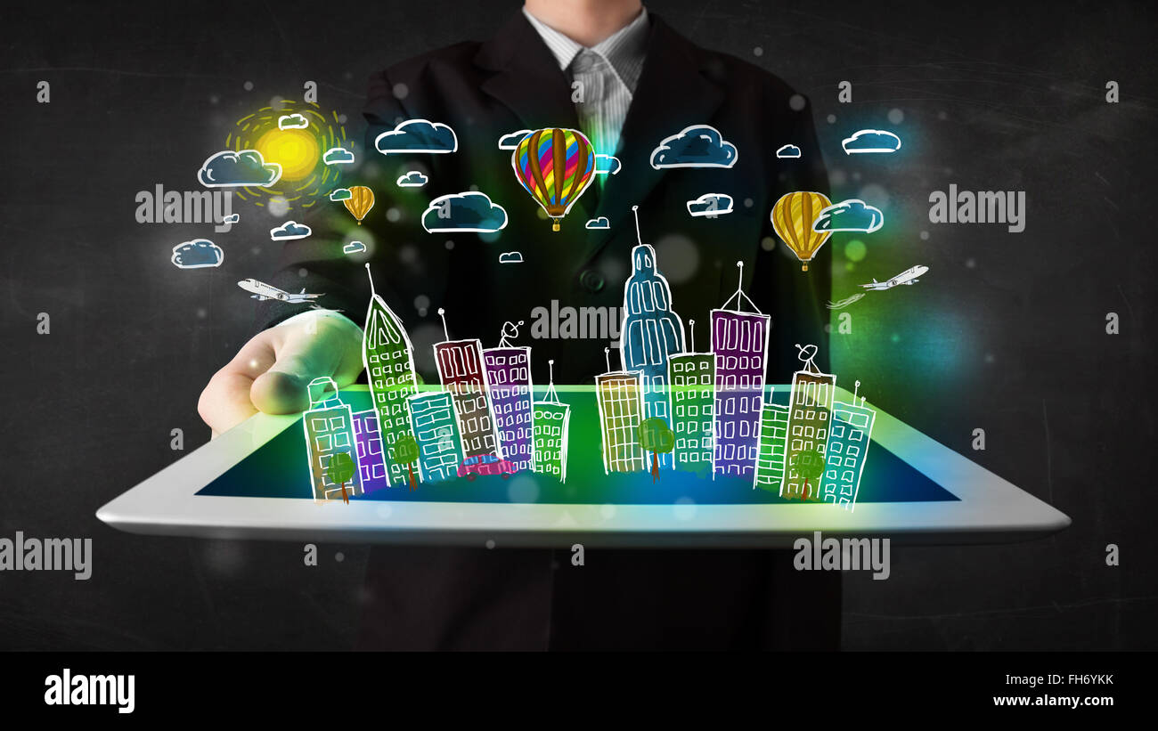 Young person showing tablet with hand drawn cityscape Stock Photo - Alamy