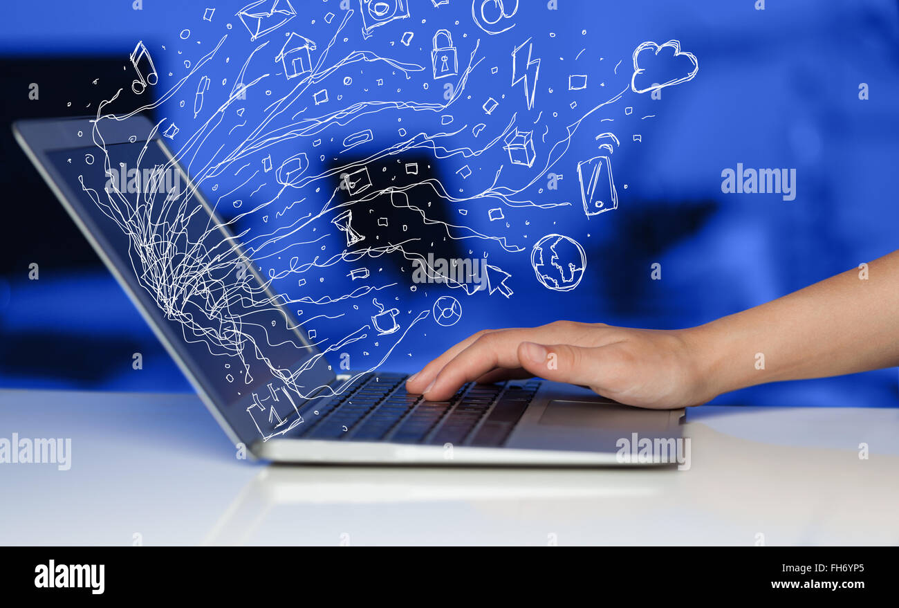 Man pressing notebook laptop computer with doodle icon cloud symbols ...