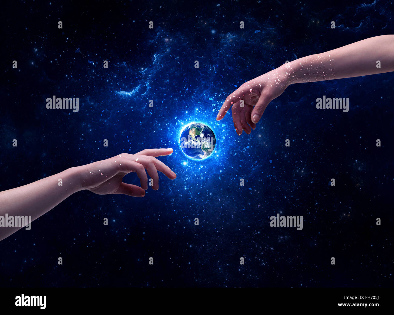 Hands in space touching planet earth Stock Photo - Alamy