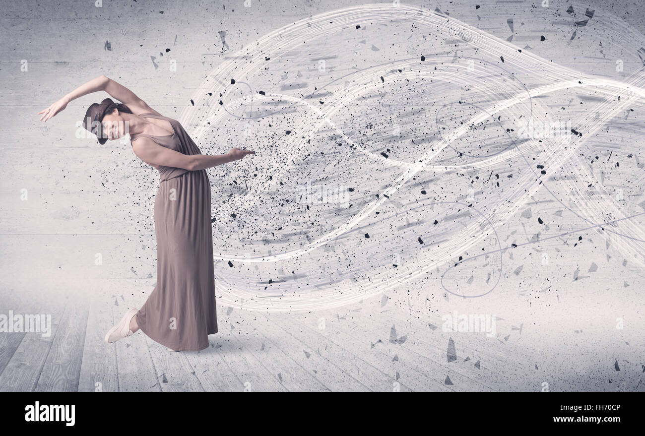 Performance ballet dancer jumping with energy explosion particles Stock ...