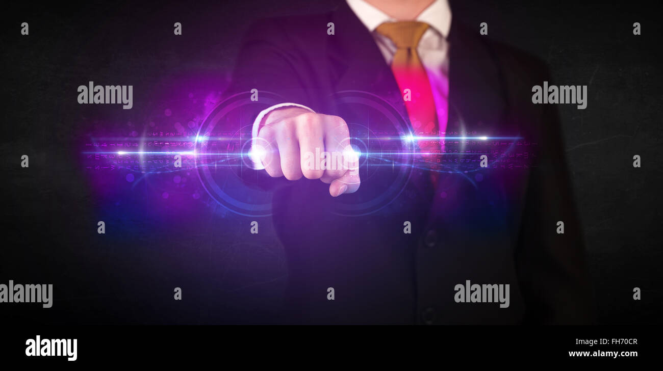 Business man holding future technology data system network Stock Photo ...