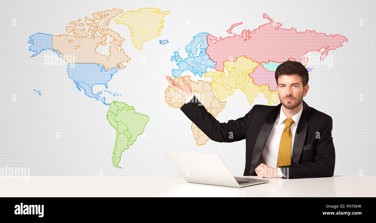 Business man with colorful world map background Stock Photo - Alamy