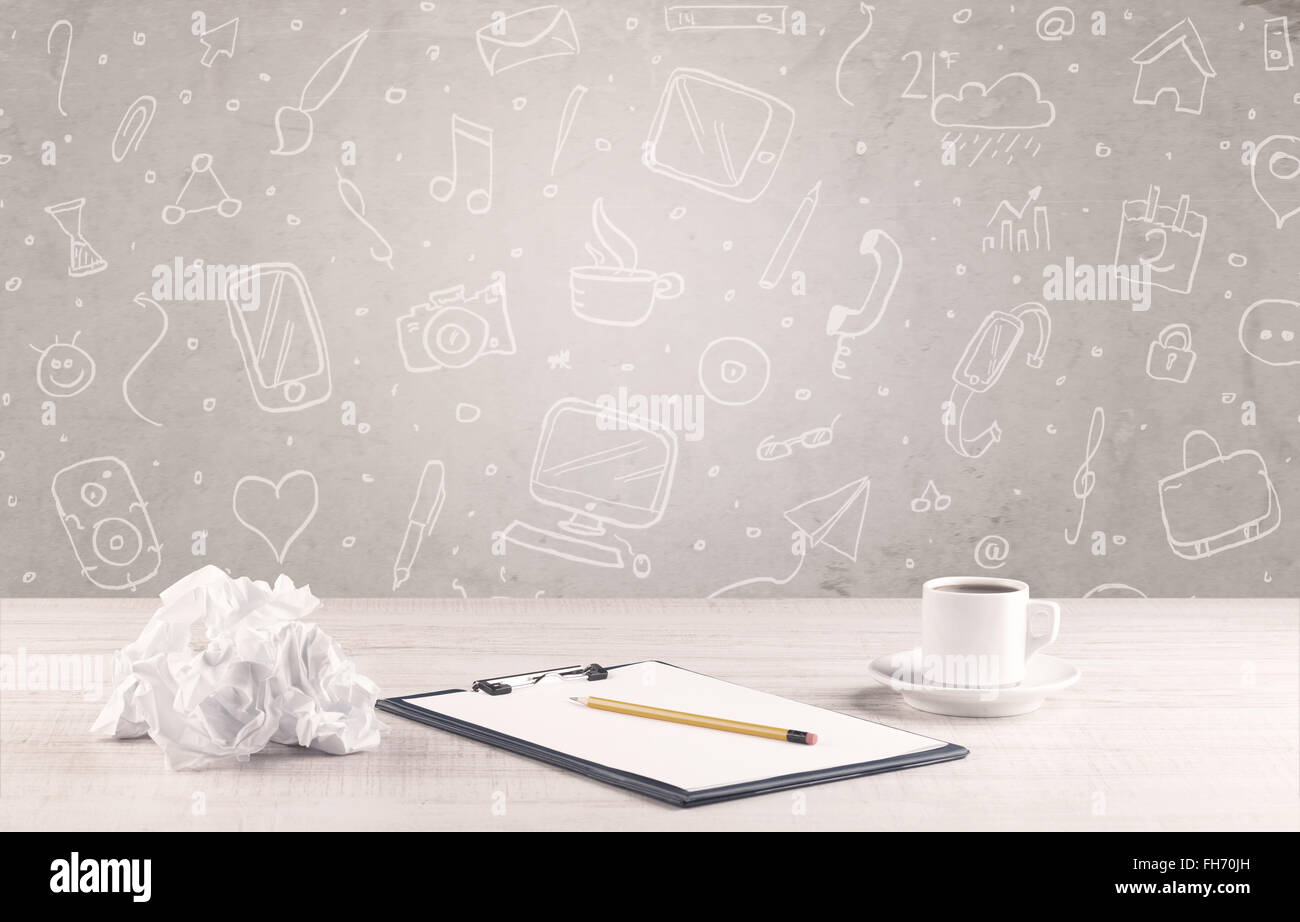 Design office desk with drawings background Stock Photo - Alamy