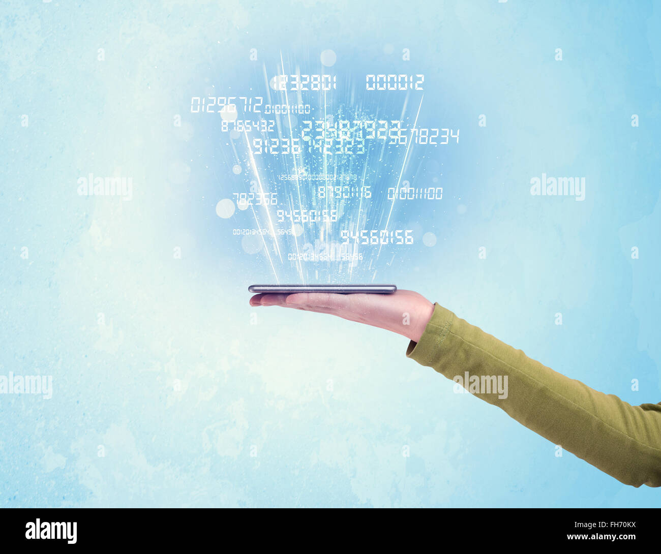 Hand holding phone with digital numbers Stock Photo - Alamy