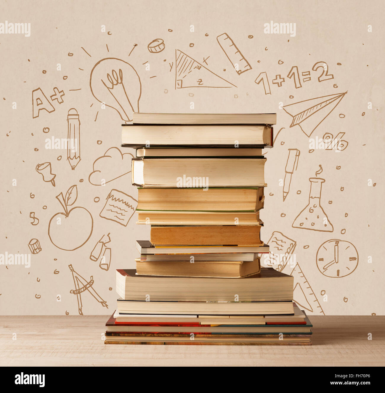 A pile of books on table with school hand drawn doodle sketches Stock ...