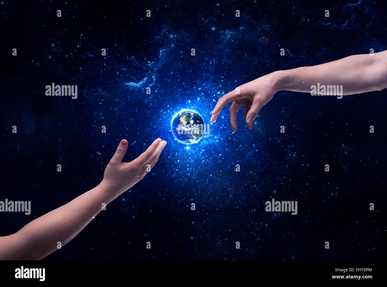 Hands in space touching planet earth Stock Photo - Alamy
