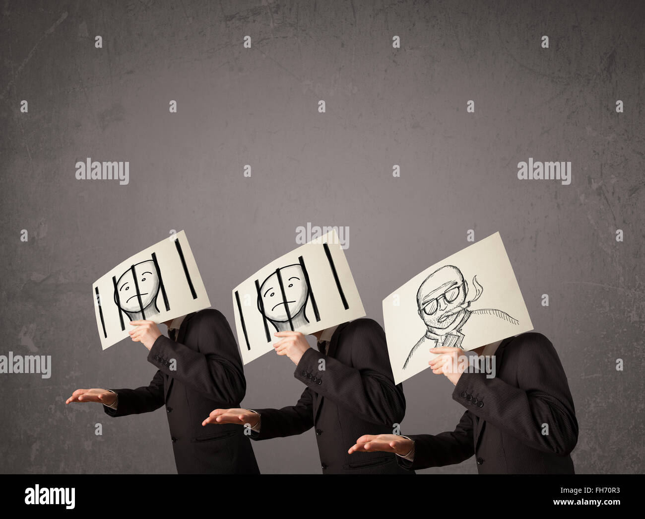 Men in formal gesturing with cardboard in front of their head Stock ...