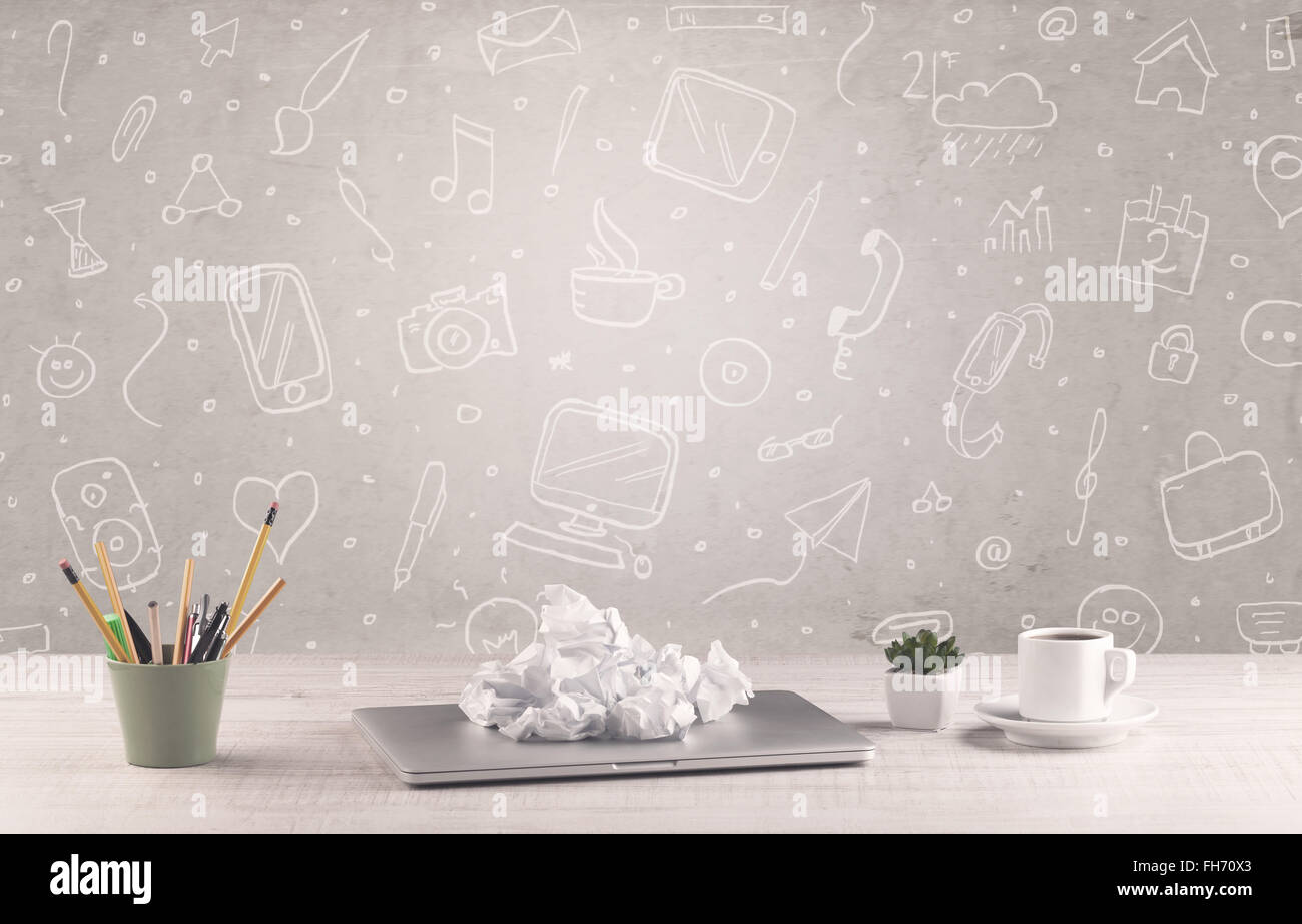 Design office desk with drawings background Stock Photo - Alamy
