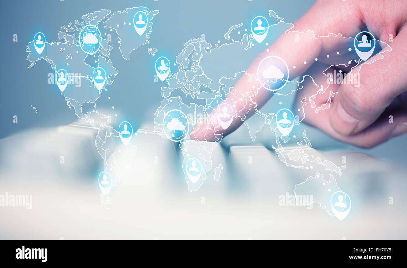 Keyboard with high tech user map icons Stock Photo - Alamy