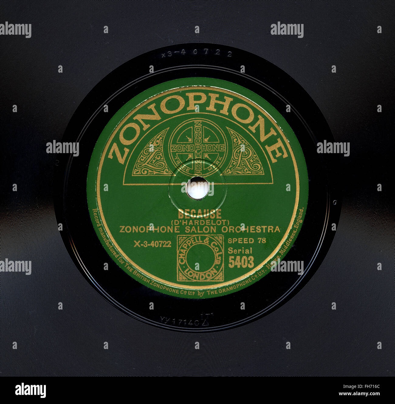 Zonophone Salon Orchestra 78 rpm Zonophone record label “Because ...