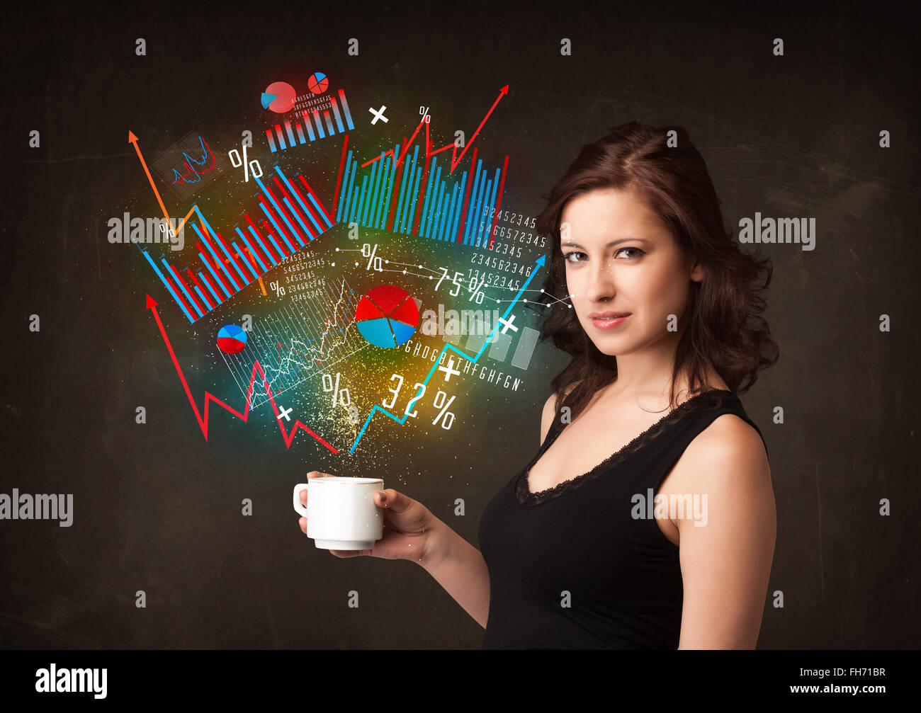 Businesswoman holding a white cup with diagrams and graphs Stock Photo ...