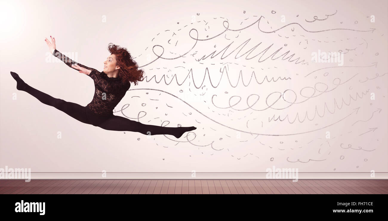 Pretty woman jumping with hand drawn lines and arrows come out Stock ...