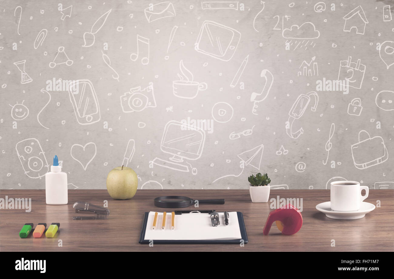 Design office desk with drawings background Stock Photo - Alamy