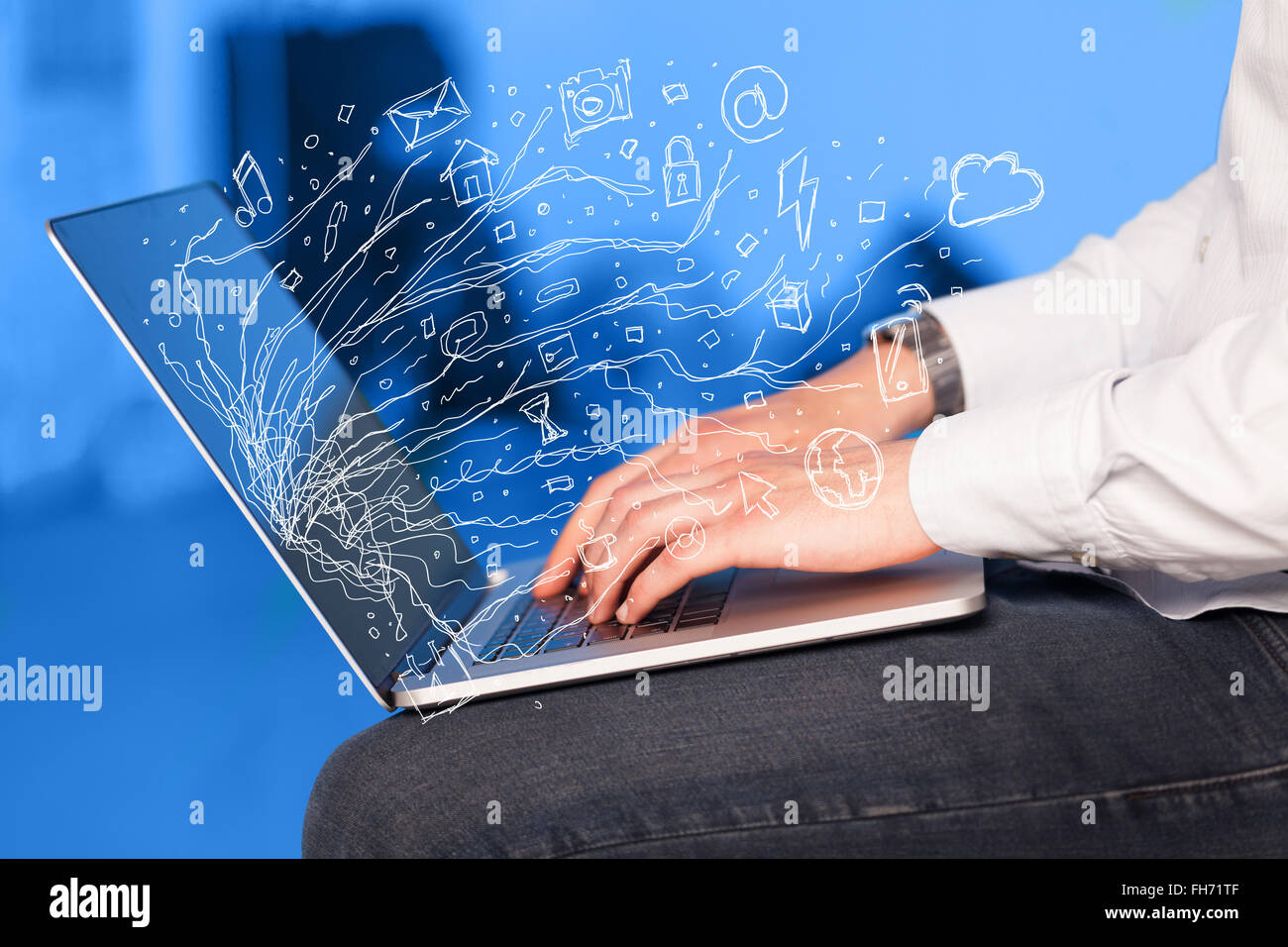 Man pressing notebook laptop computer with doodle icon cloud symbols ...