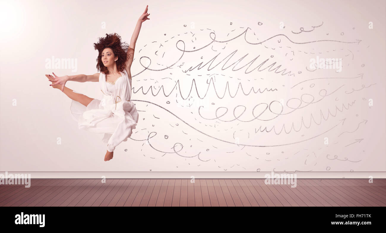 Pretty woman jumping with hand drawn lines and arrows come out Stock ...