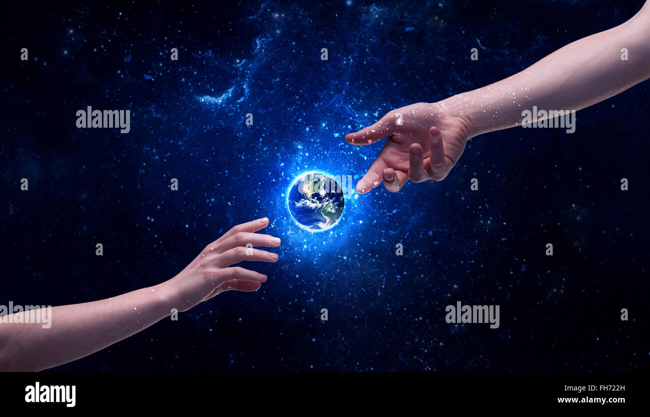 Hands in space touching planet earth Stock Photo - Alamy