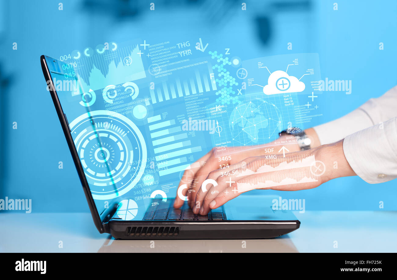 Modern notebook computer with future technology symbols Stock Photo - Alamy