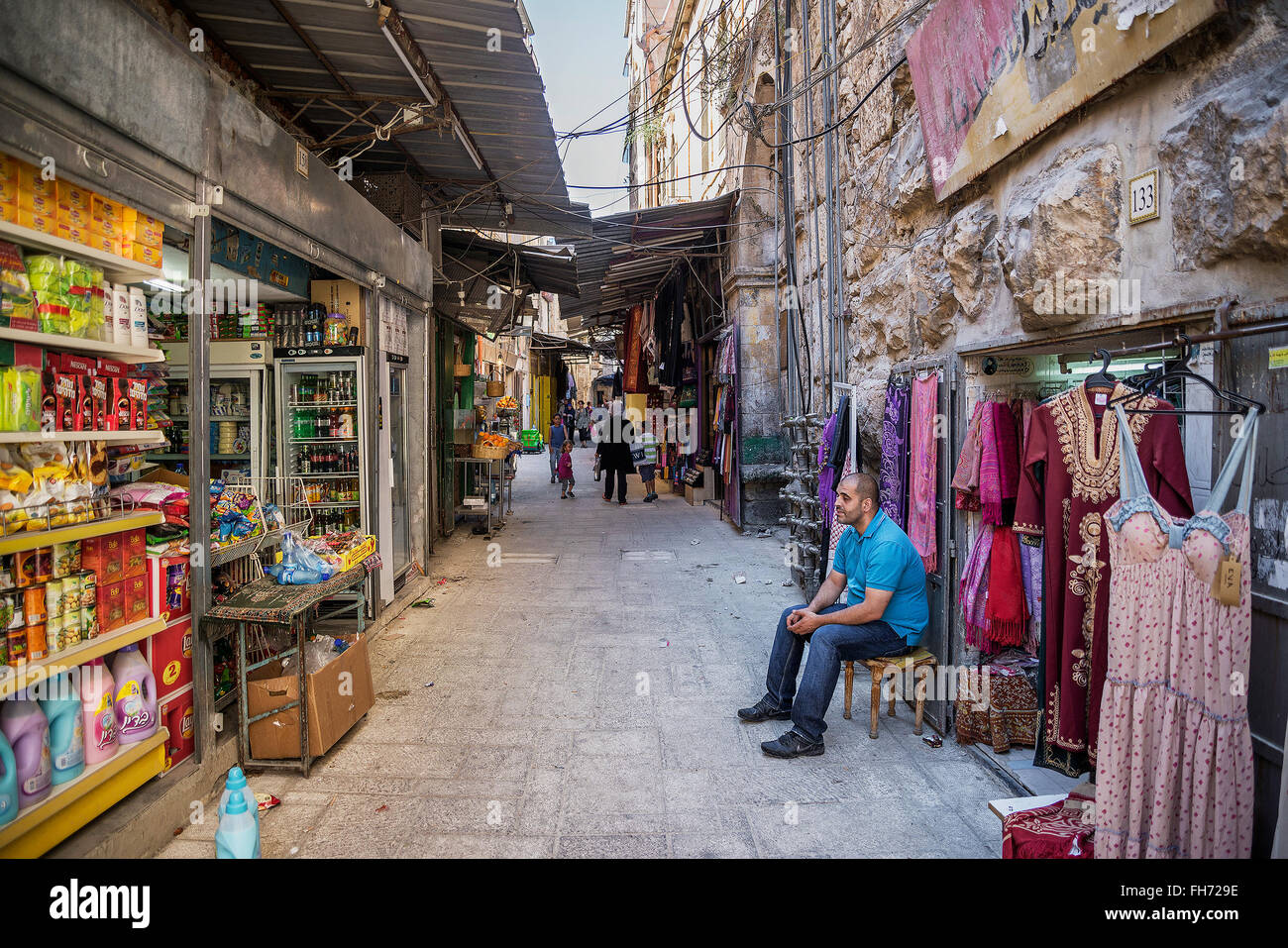 shops in palestinian bazaar souk area pedestrian street of jerusalem ...