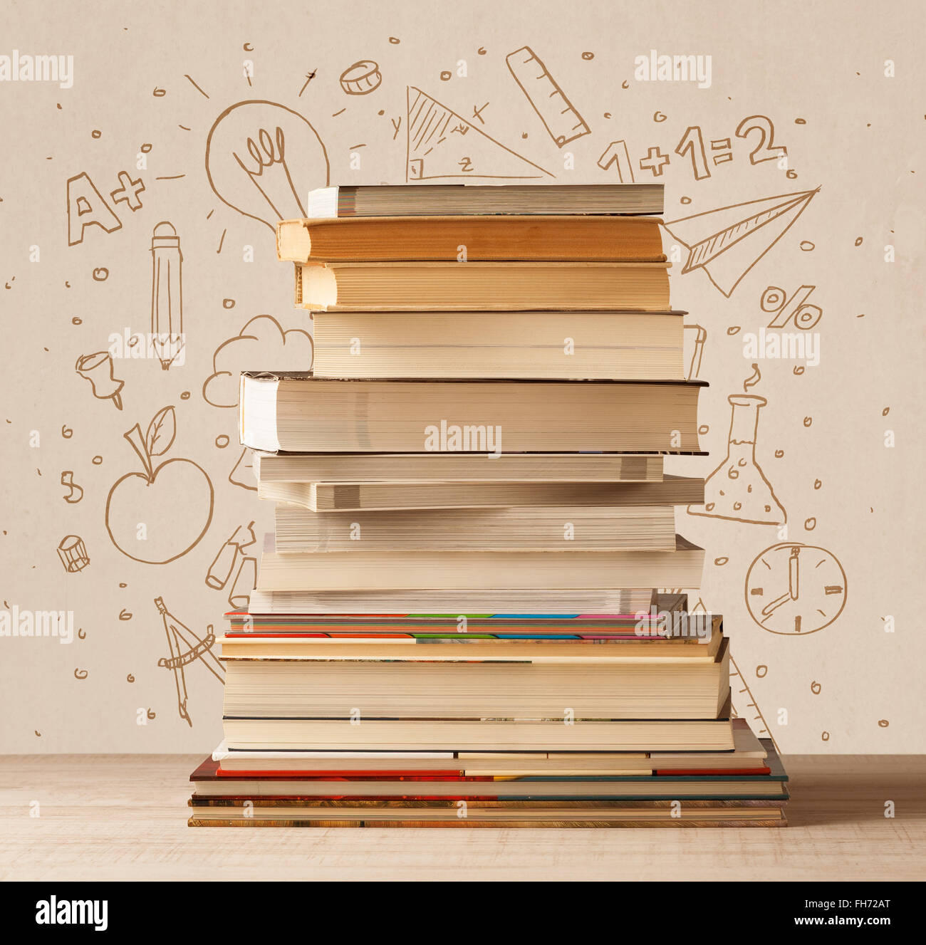 A pile of books on table with school hand drawn doodle sketches Stock ...