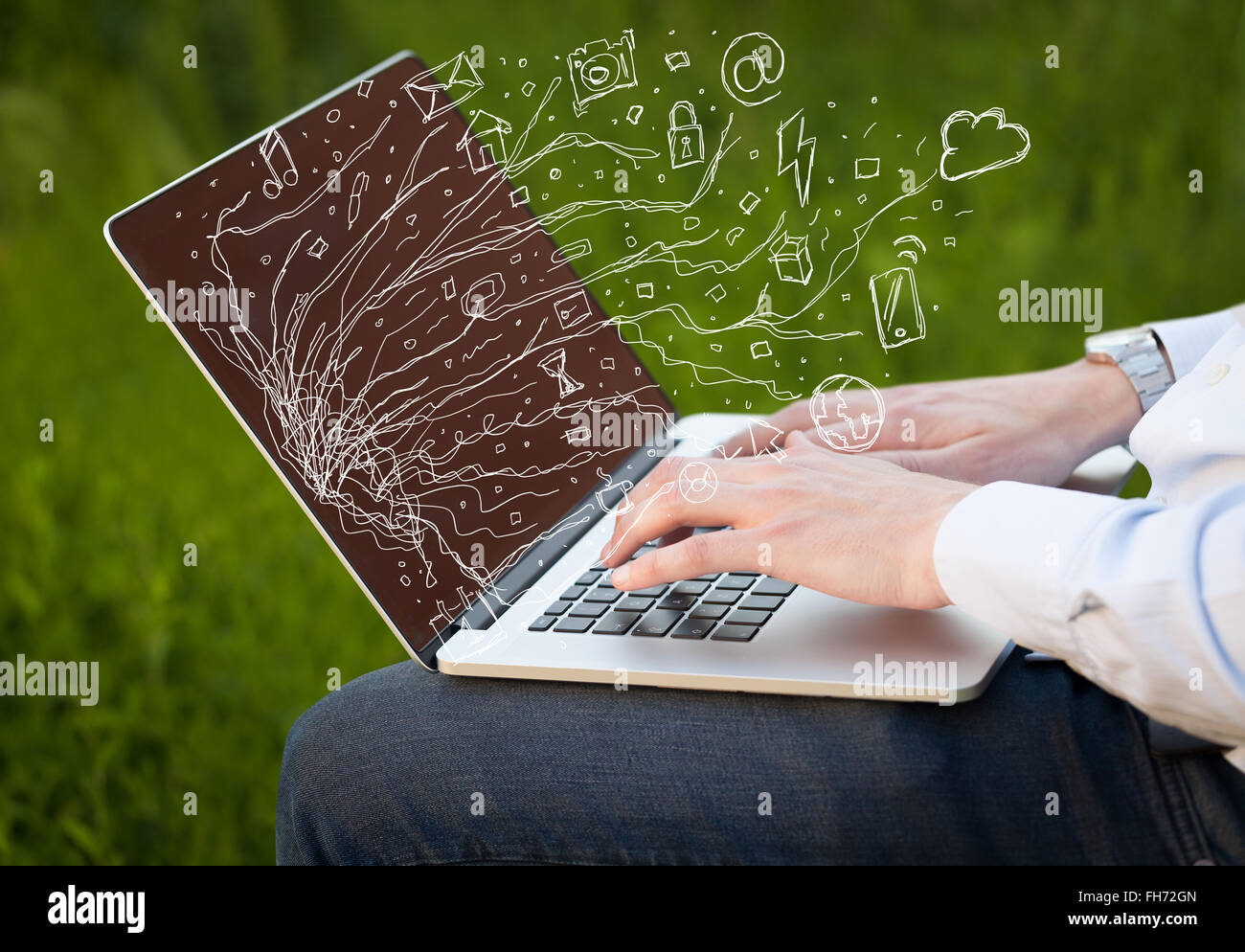 Man pressing notebook laptop computer with doodle icon cloud symbols ...