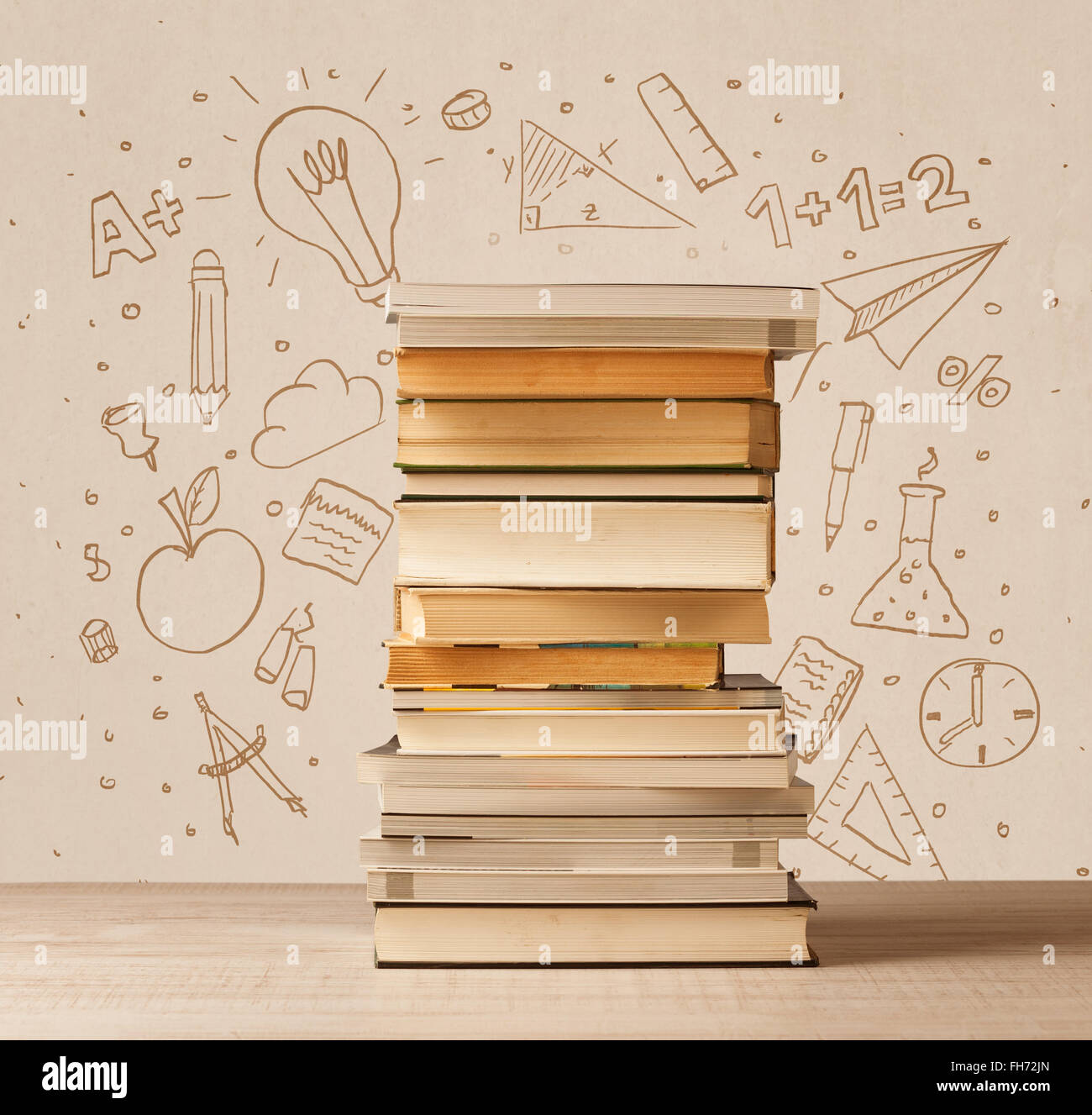 A pile of books on table with school hand drawn doodle sketches Stock ...