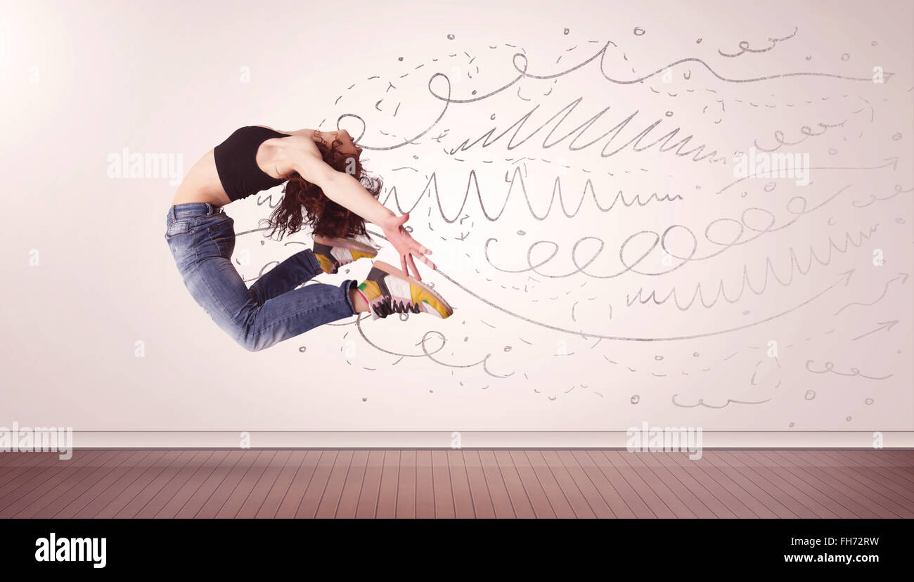 Pretty woman jumping with hand drawn lines and arrows come out Stock ...