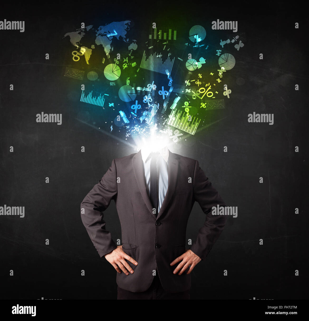Business man in suit with graph and charts exploding from his body ...